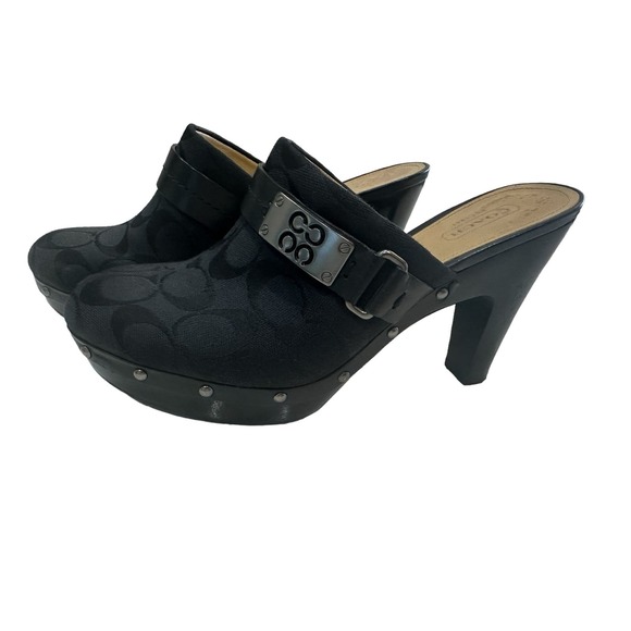 Coach | Shoes | Coach Ivy Black Logo Canvas Wooden Mule Clog 75 ...